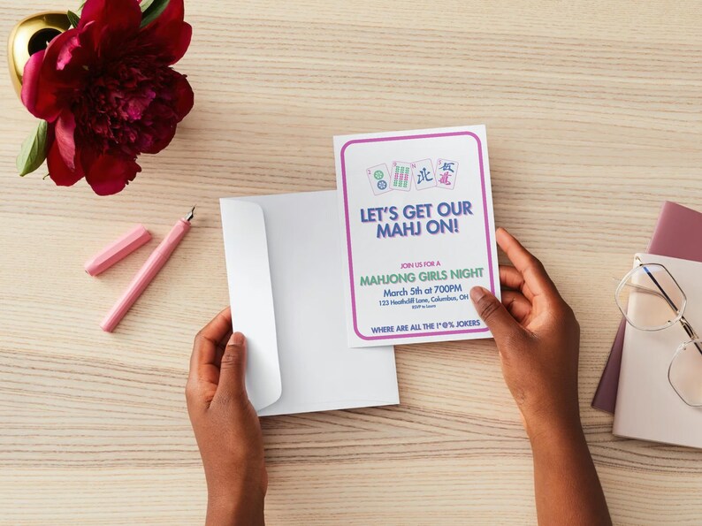 EDITABLE Pink Mahjong Invitation, Mahjong Night Invitation, Digital ...