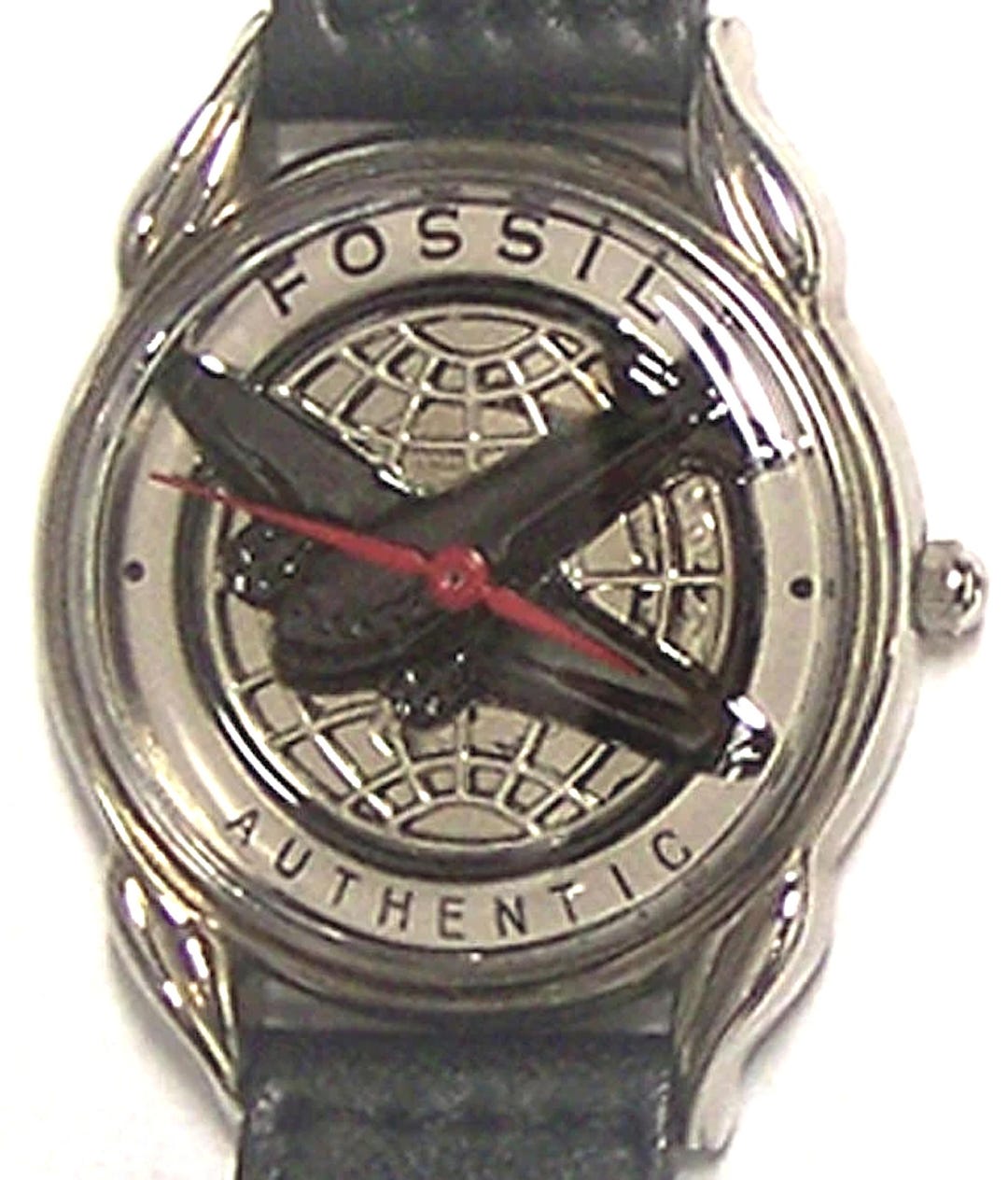 Fossil Airplane Watch Pilots Collectors Wristwatch Red Hands Black Band ...