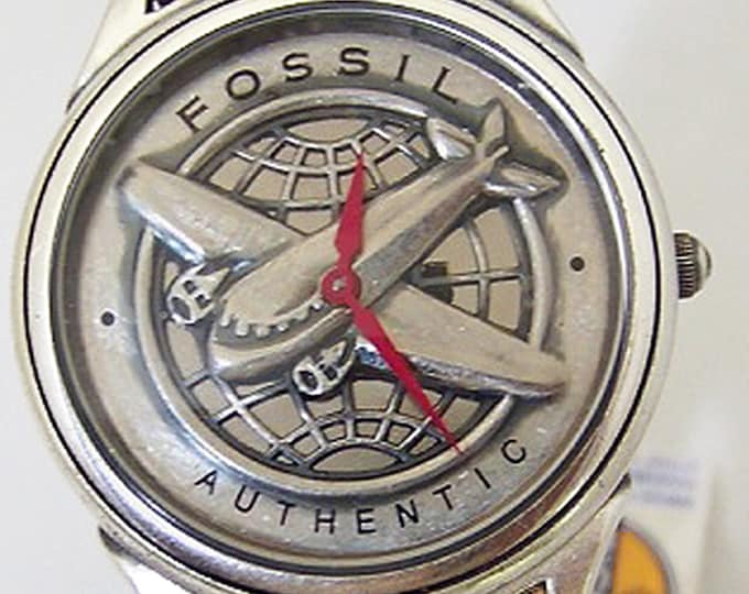 Fossil Airplane Watch Vintage Pilots Aircraft Mens Wristwatch With Red ...