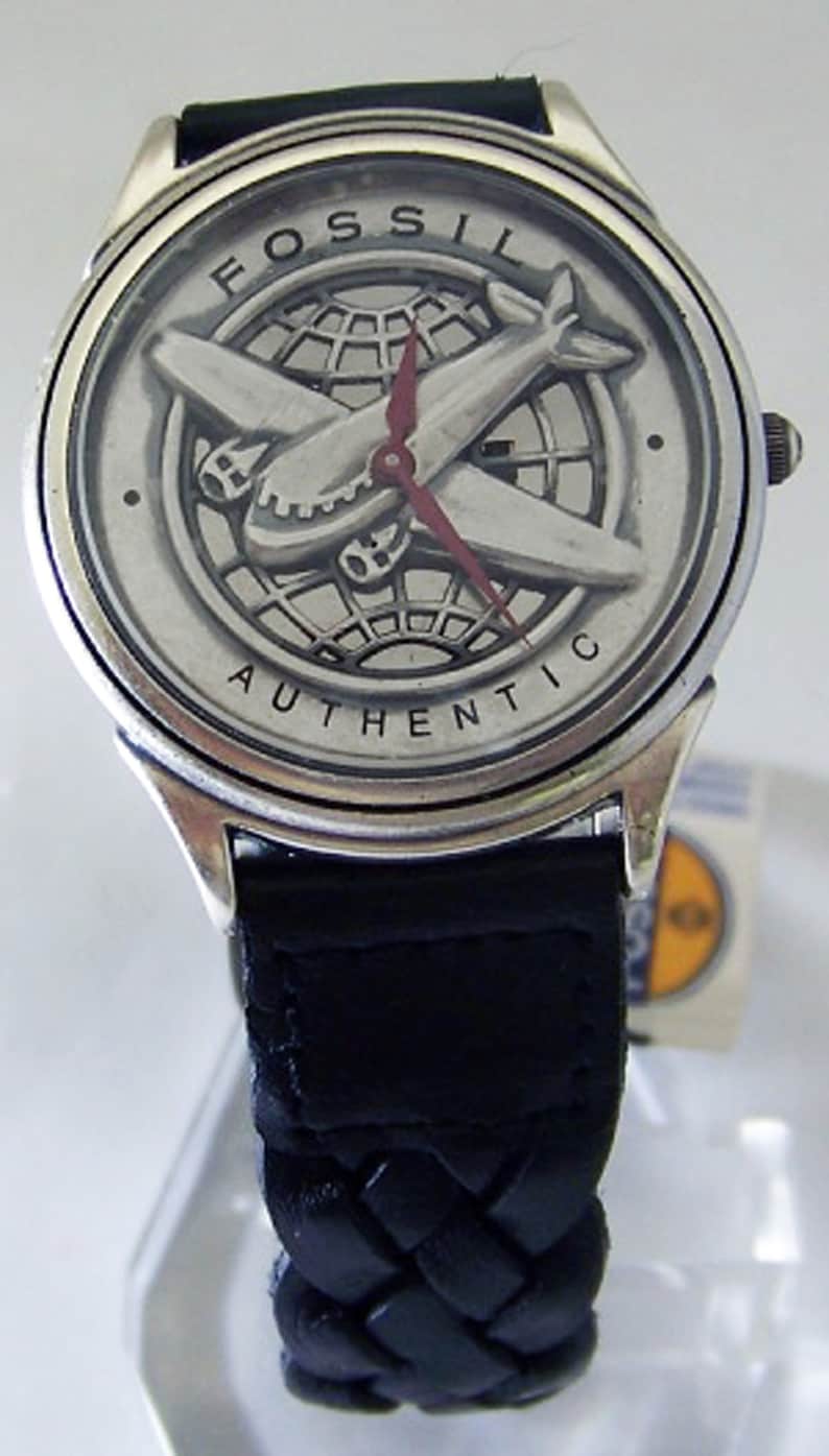 Fossil Airplane Watch Vintage Pilots Aircraft Mens Wristwatch With Red ...