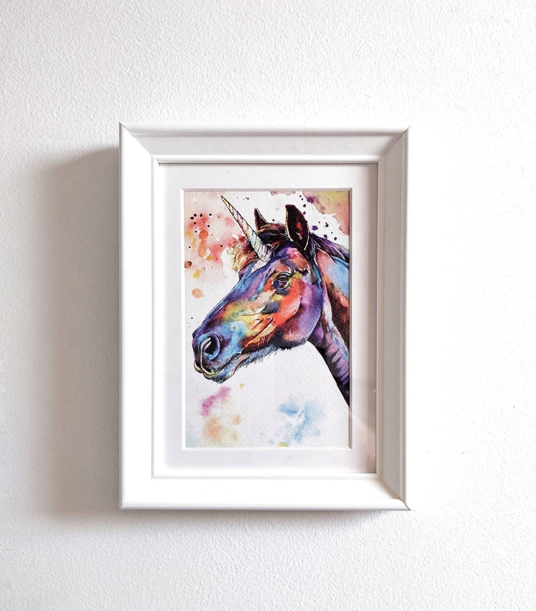 Small Framed Rainbow Unicorn Hand Embellished Watercolour Artwork Print ...