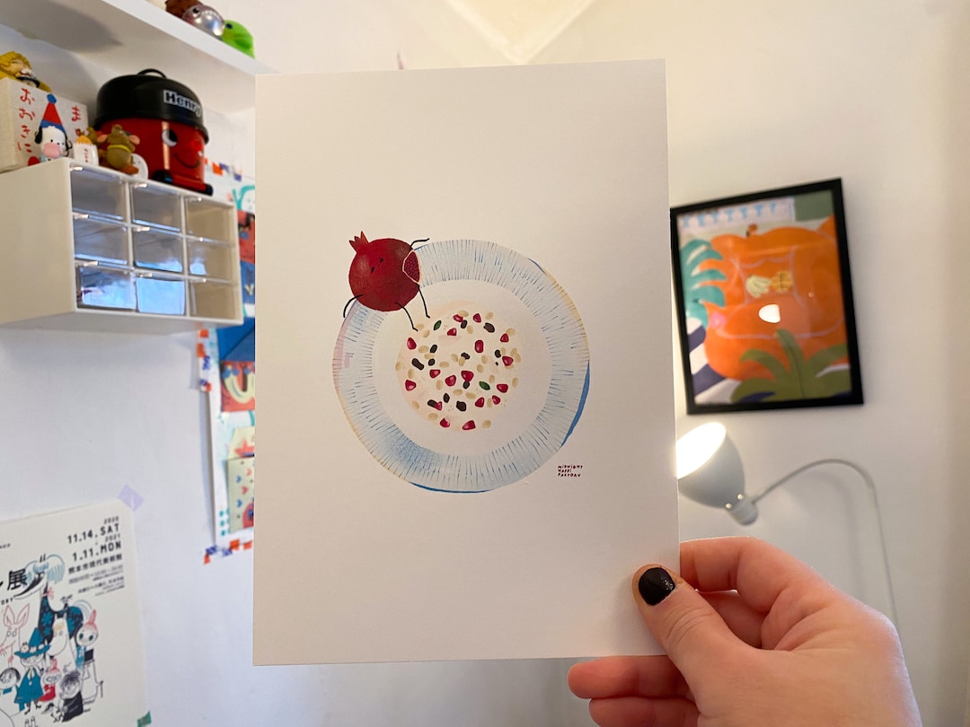 Pomegranate Oatmeal Art Print | Kawaii Aesthetic Illustration, Kids ...
