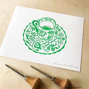 Original Teacup Linocut Print on Paper, Flower Pattern, Green - Etsy UK