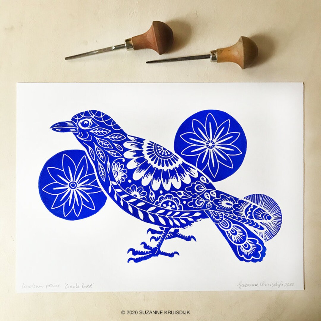 Original Bird and Flowers Linoleum Print on Paper, Blue - Etsy UK