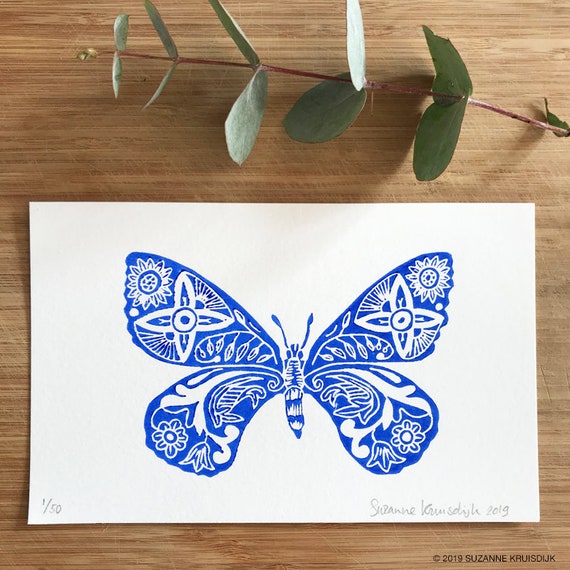 Original Butterfly Lino Print on Paper Blue Limited Edition | Etsy