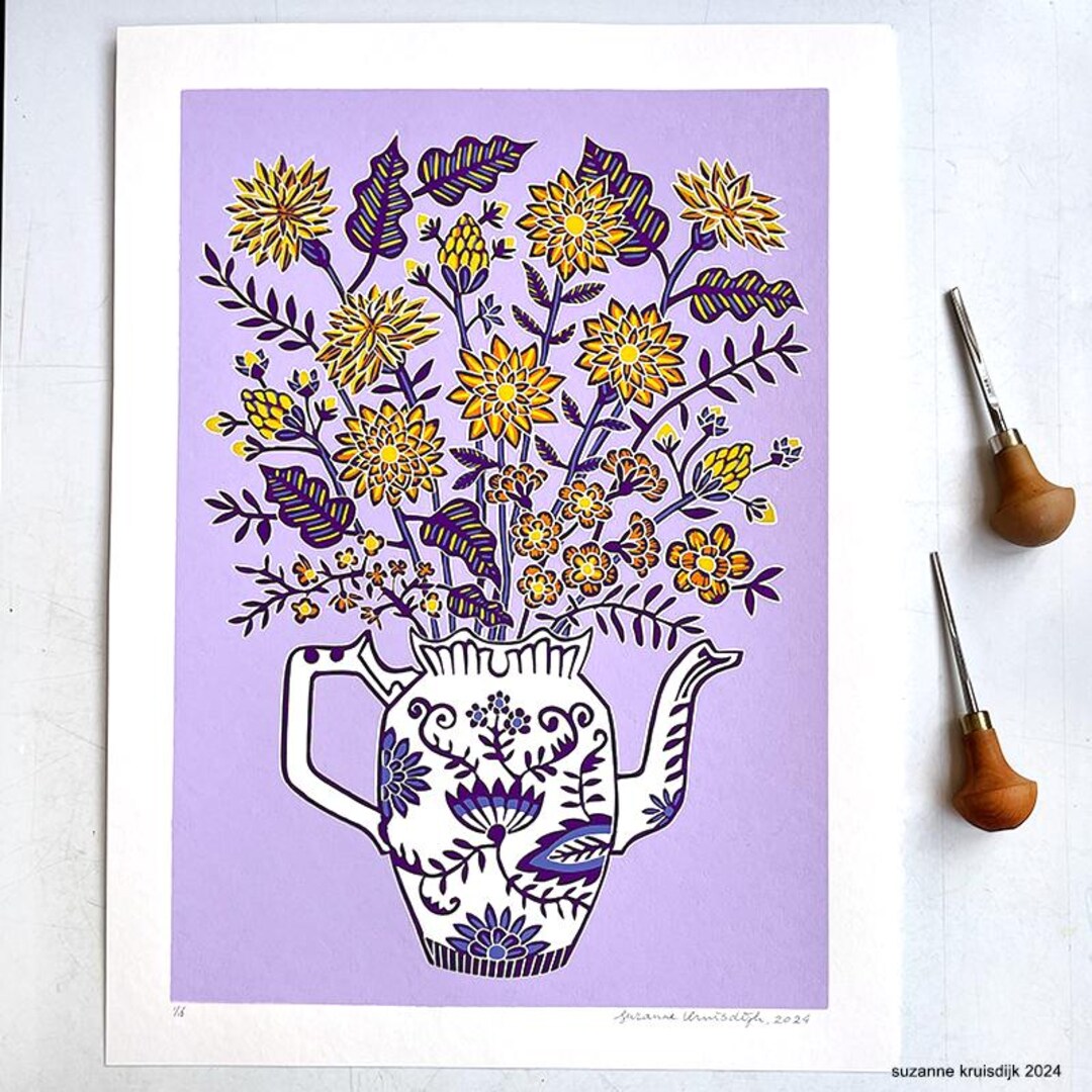 Original Flowers Reduction Linoleum Print on Paper, Multi Colour - Etsy