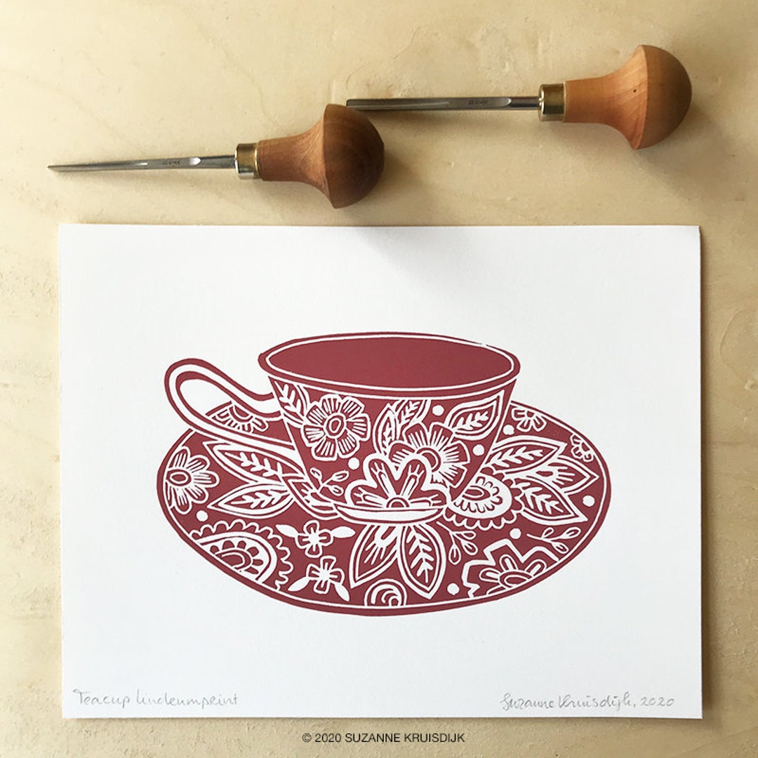 Original Teacup Linocut Print on Paper Flower Pattern - Etsy