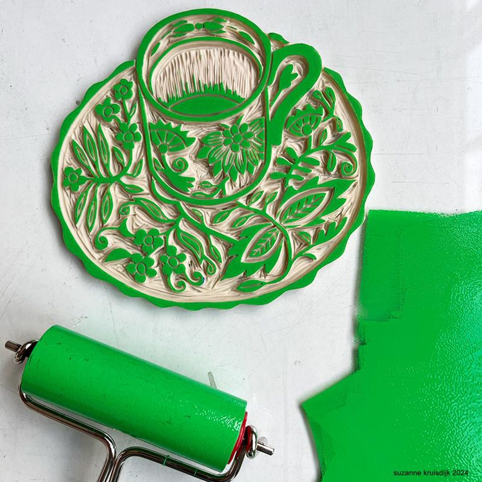 Original Teacup Linocut Print on Paper, Flower Pattern, Green - Etsy UK
