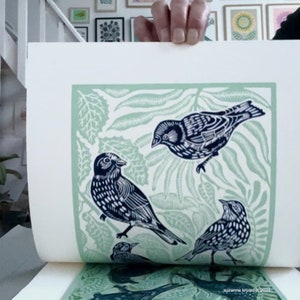 Original Birds and Leaves Linoleum Print on Paper, Dark Blue & Soft ...