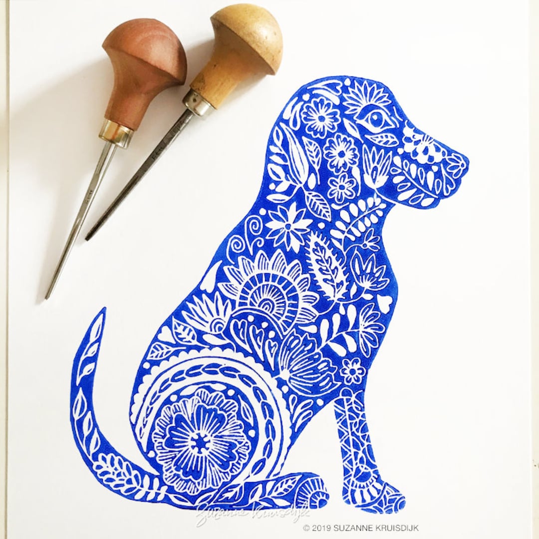 Original Dog Lino Print on Paper, Blue, Limited Edition - Etsy