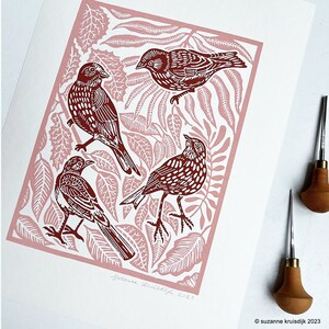 Original Birds and Leaves Linoleum Print on Paper, Pink and Brown Multi ...