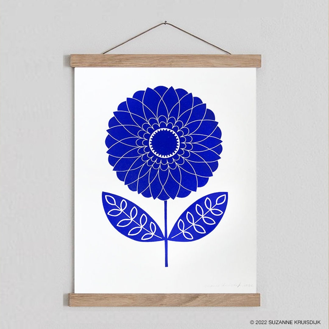 Original Flower Linoleum Print on Paper, Blue - Etsy