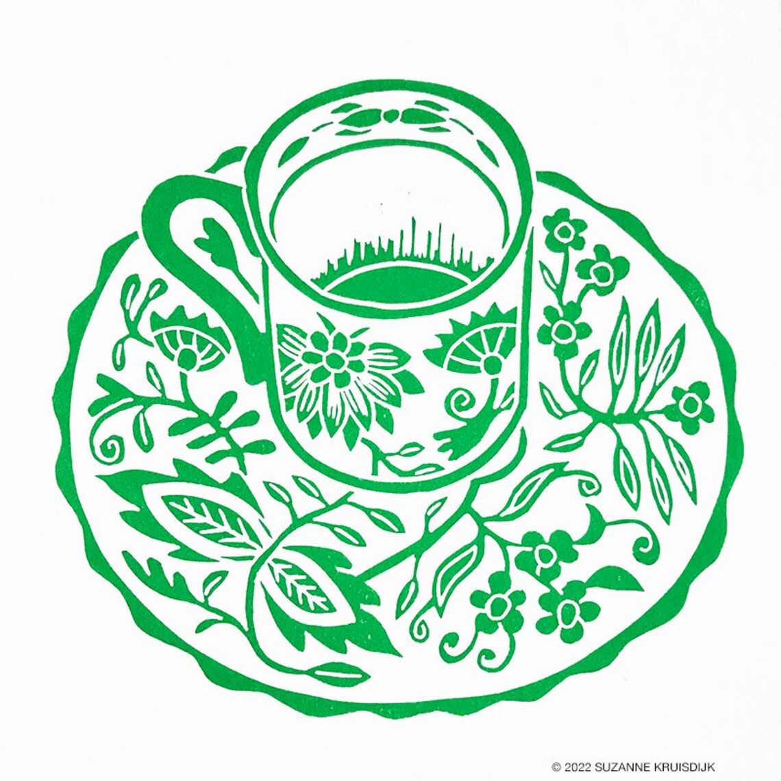 Original Teacup Linocut Print on Paper, Flower Pattern, Green - Etsy UK