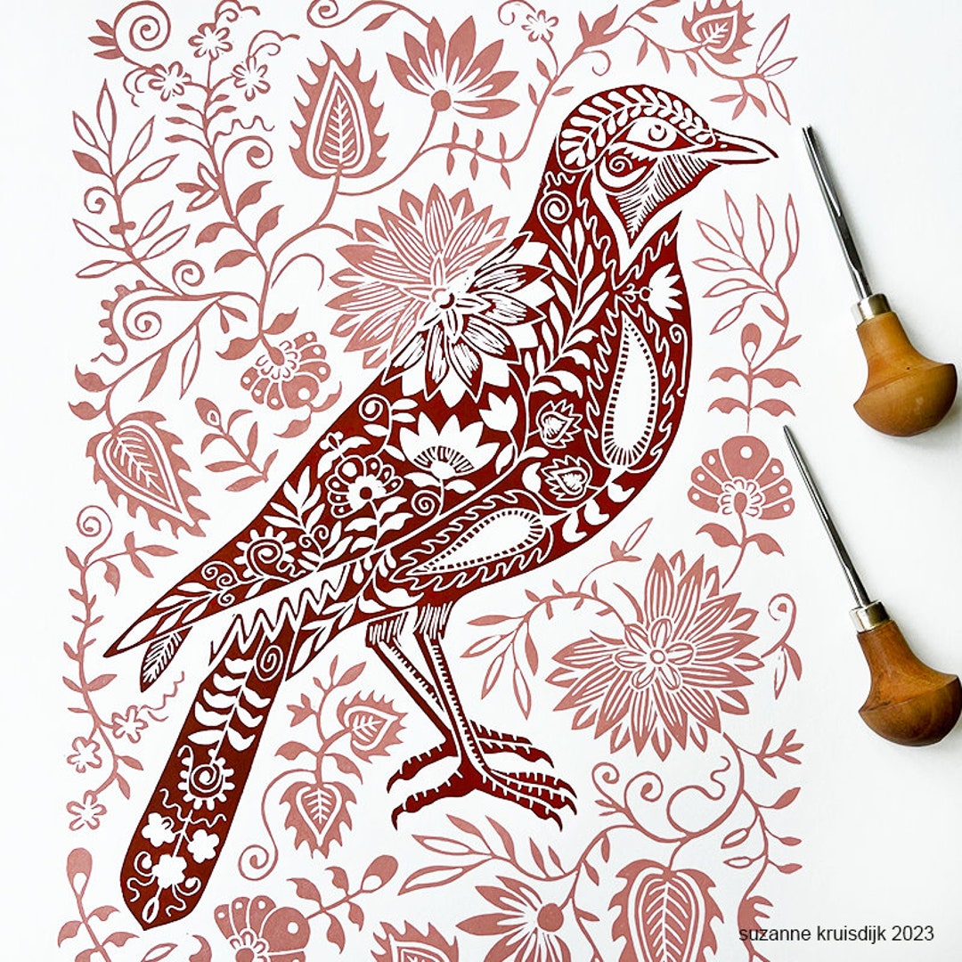 Original Bird With Flowers and Leaves Linoleum Print on Paper, 2 ...