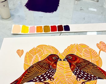 Original Birds and Leaves Linoleum Print on Paper, Blue & Salmon Multi ...