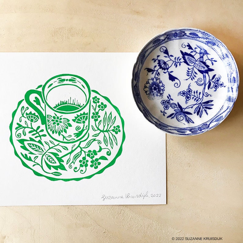 Original Teacup Linocut Print on Paper, Flower Pattern, Green - Etsy UK