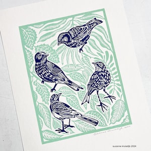 Original Birds and Leaves Linoleum Print on Paper, Dark Blue & Soft ...