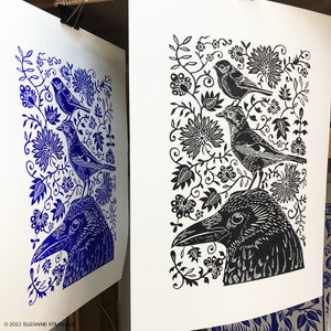 Original Birds and Flowers Linoleum Print on Paper, Black - Etsy