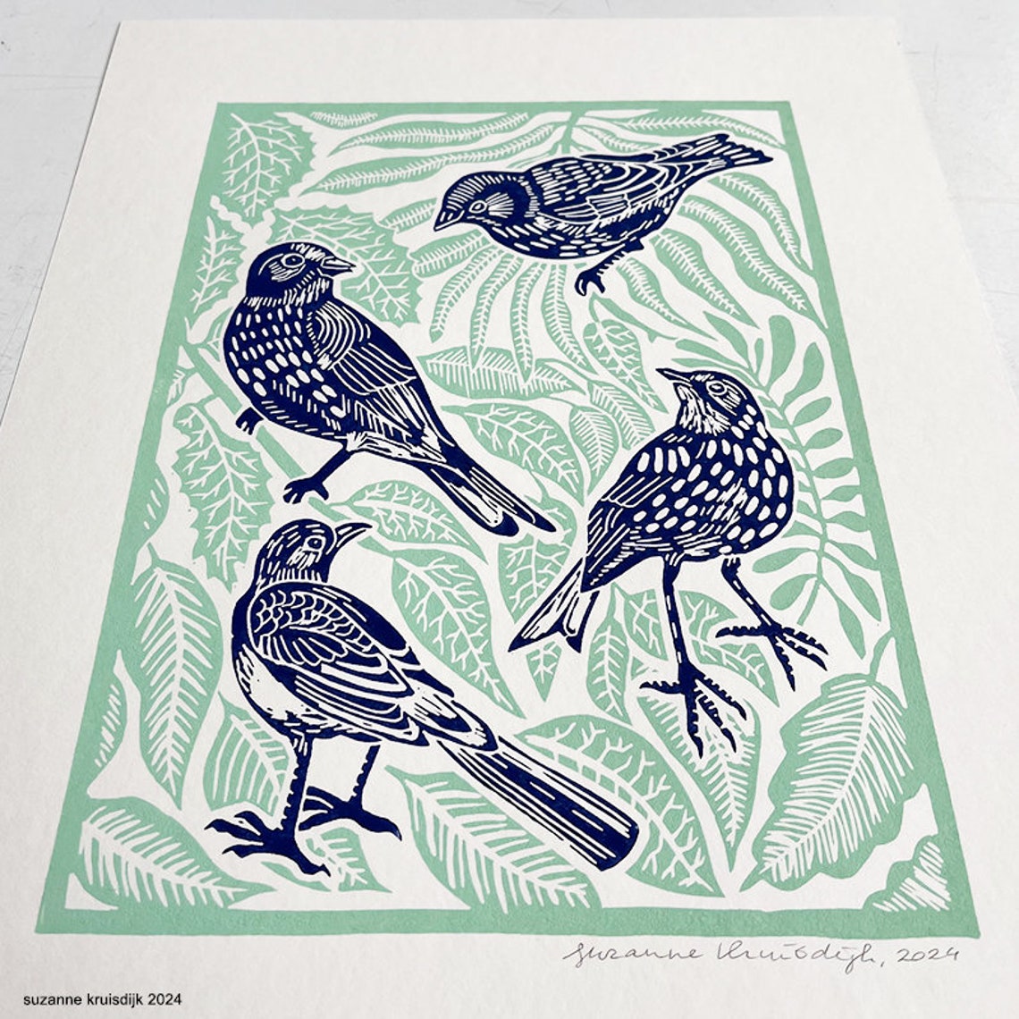 Original Birds and Leaves Linoleum Print on Paper, Dark Blue & Soft ...