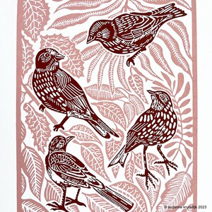 Original Birds and Leaves Linoleum Print on Paper, Pink and Brown Multi ...