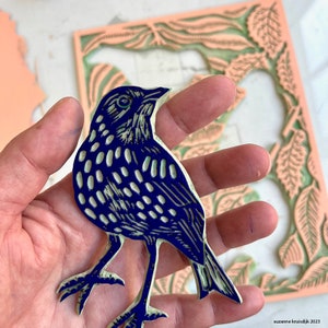 Original Birds and Leaves Linoleum Print on Paper, Blue & Salmon Multi ...