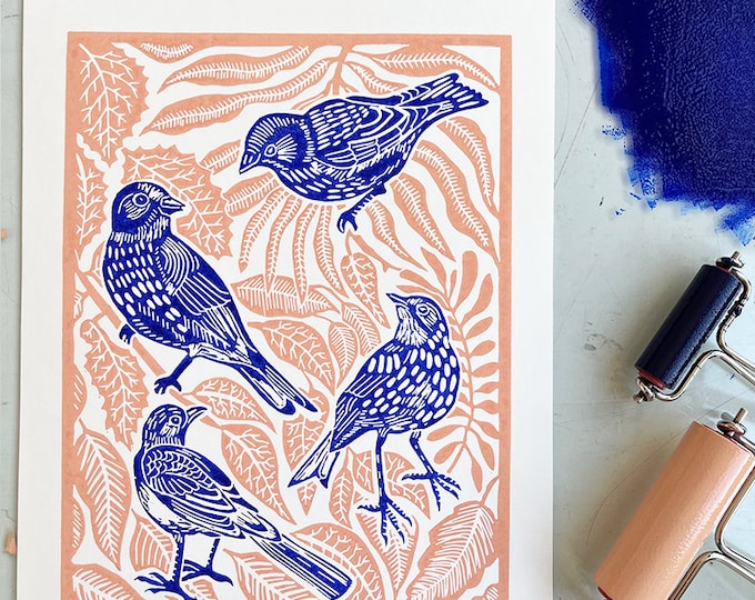 Original Birds and Leaves Linoleum Print on Paper, Blue & Salmon Multi ...
