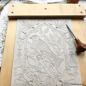 Original Bird and Leaves Linoleum Print on Paper, Multi Colour - Etsy