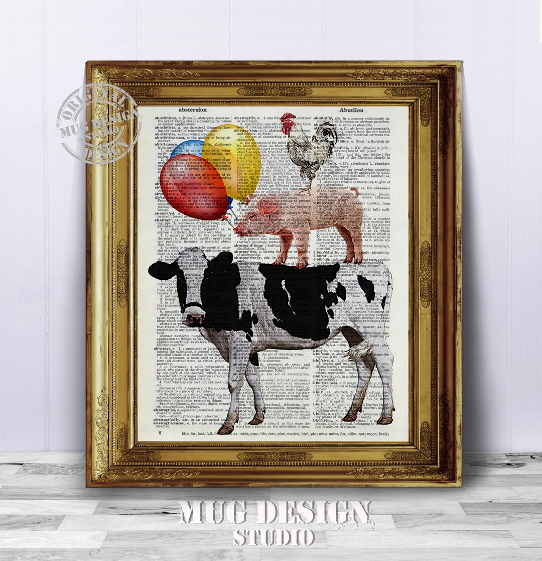 Cow Pig and Cock Dictionary Art Print, Illustration on Dictionary Pages ...