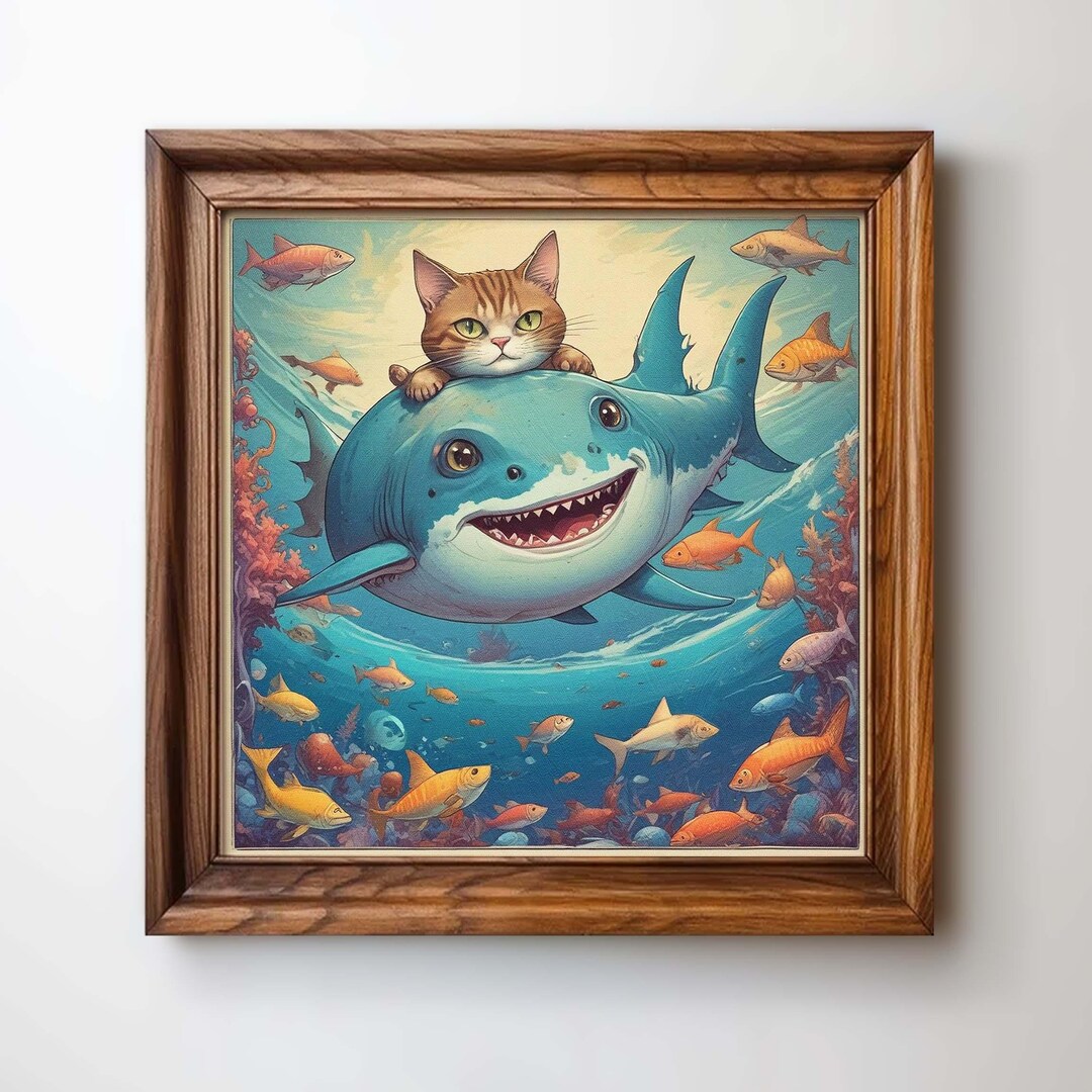 Cat Vs. Shark Square Art Print, Cat Riding a Shark Poster, Vintage ...