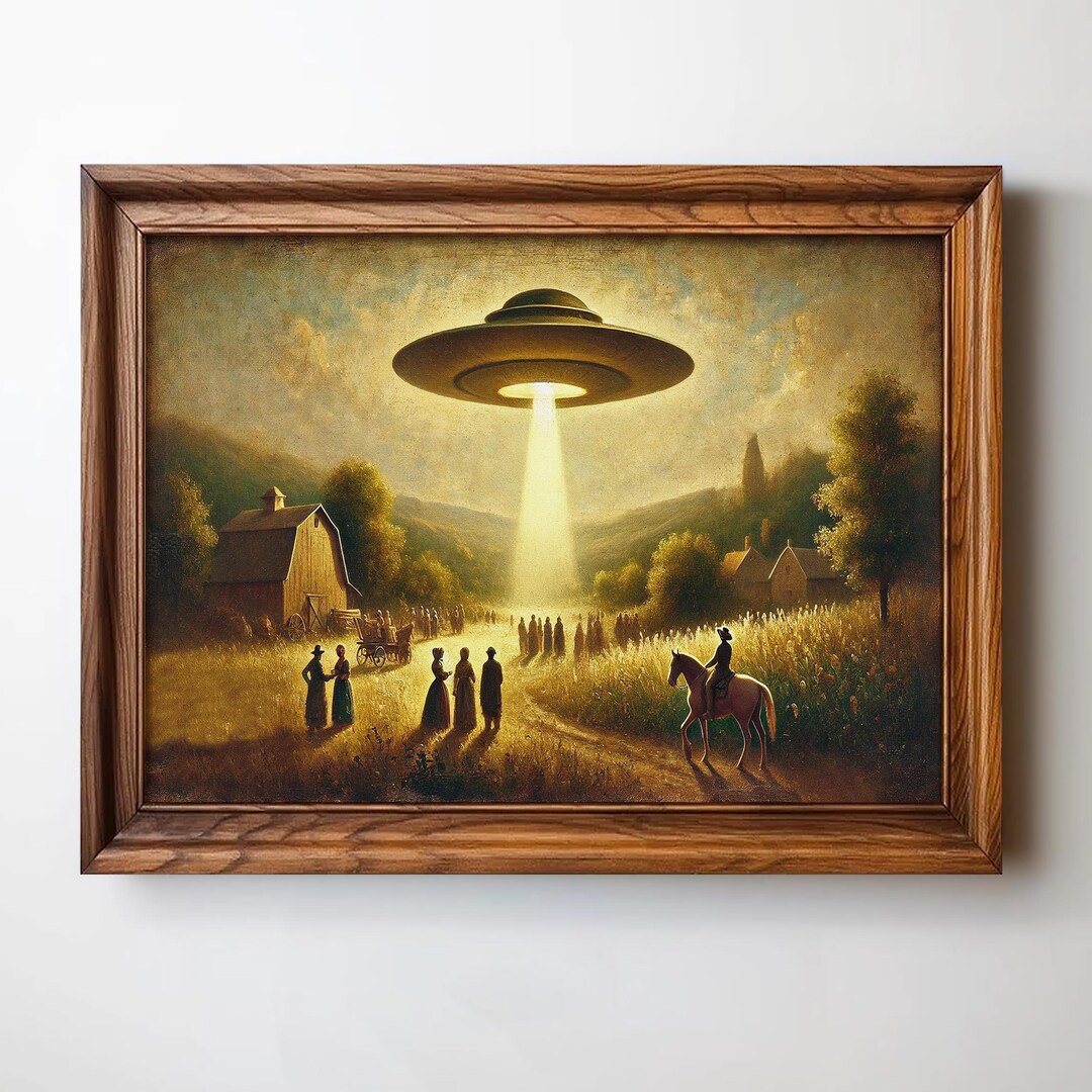 Vintage UFO Oil Painting Print | Sci-fi Alien Encounter Art | Retro ...