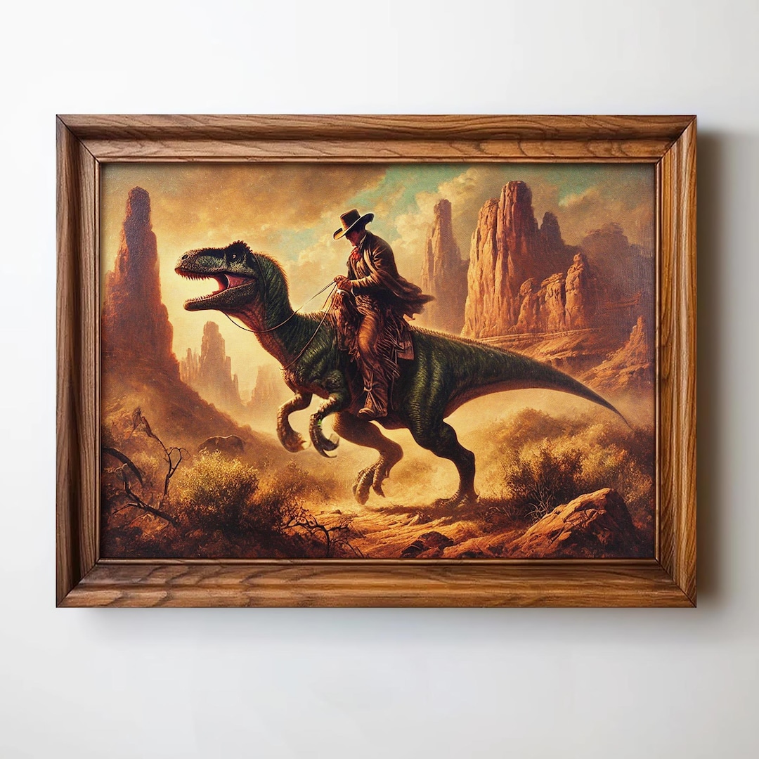 Cowboy Riding Dinosaur Print – Vintage Dinosaur Wall Art – Western ...
