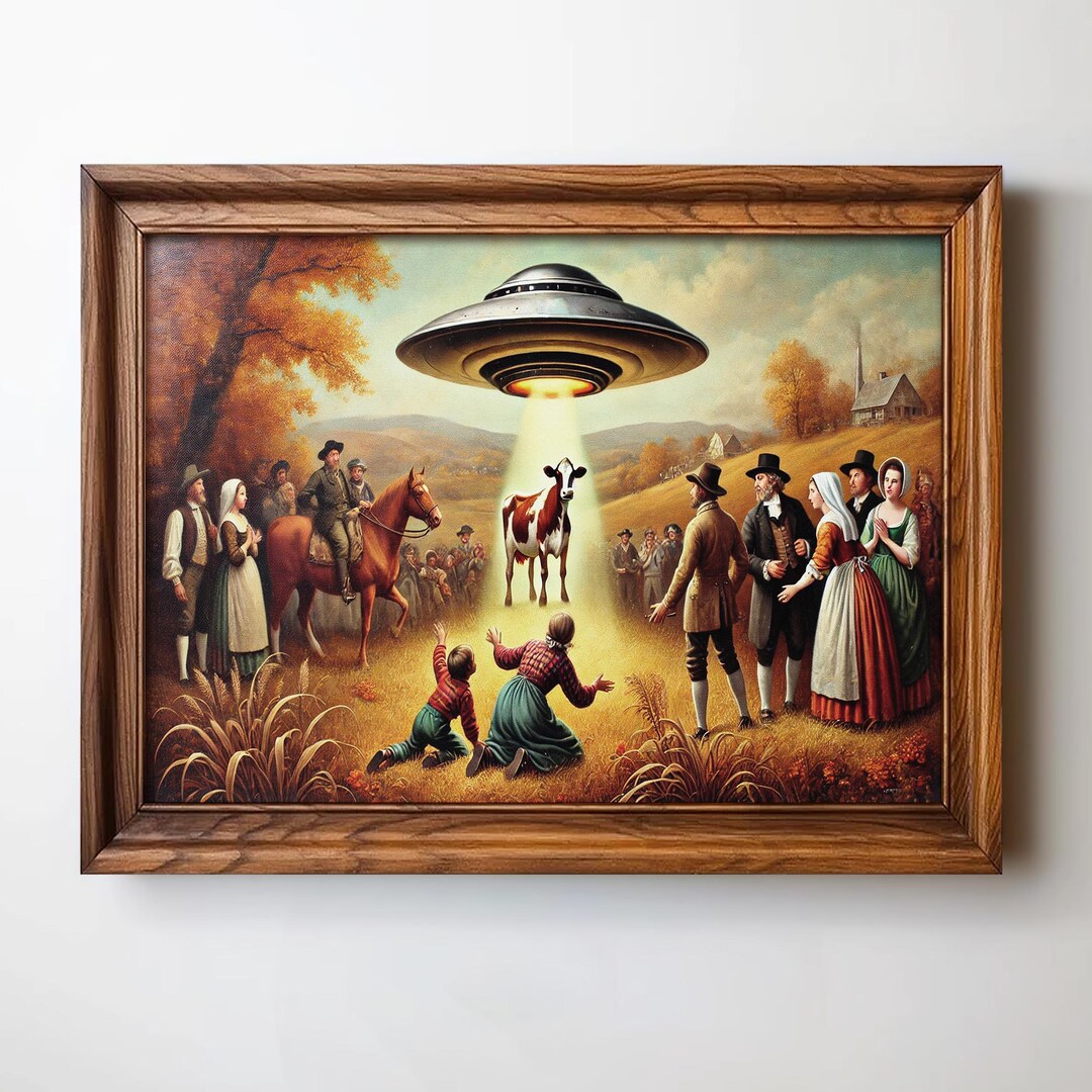 Vintage UFO Cow Abduction Art Print, Retro Sci-fi Folk Painting, Alien ...