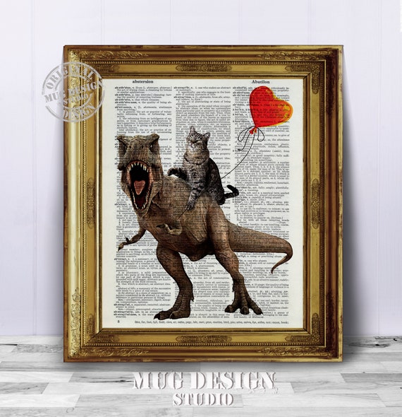 Cat Riding Dinosaur Dictionary Art Print Dinosaur Print Cat - Etsy