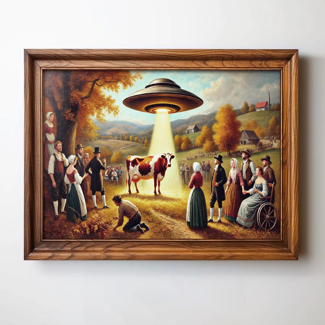 Vintage UFO Cow Abduction Art Print, Retro Sci-fi Folk Painting, Alien ...