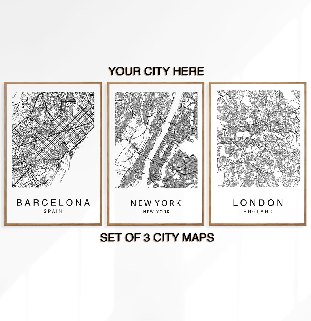 Set of 3 Prints Custom City Map Gift Custom Map Art Custom - Etsy