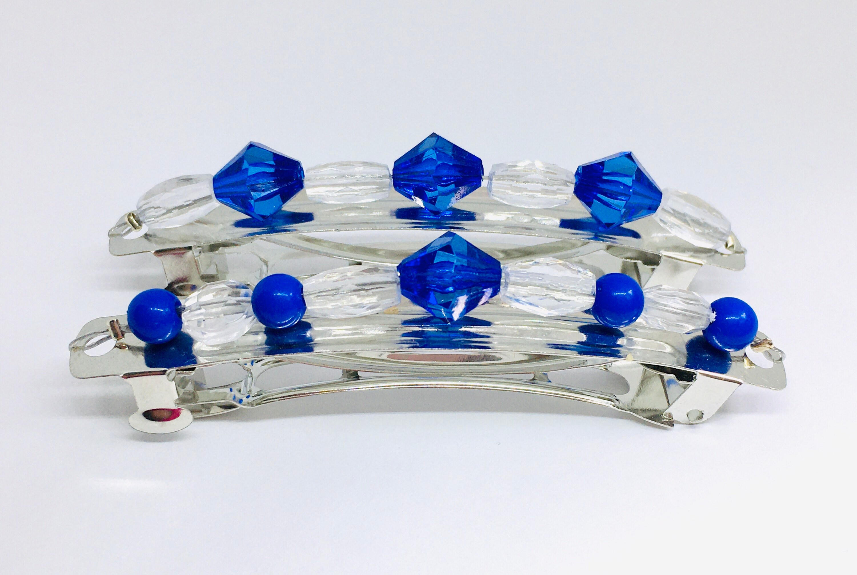 Women's Barrettes, Blue Beaded Barrettes, Silver and Blue Barrettes ...