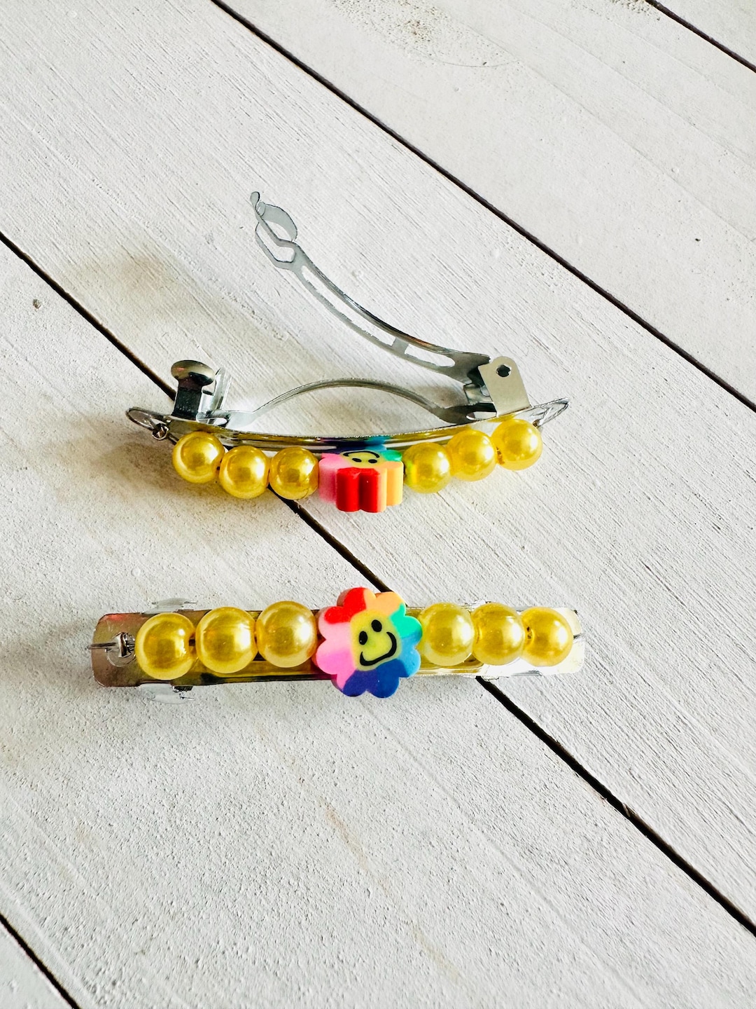 Neon Flower Barrettes, Small Beaded Barrettes, Yellow Barrettes for ...