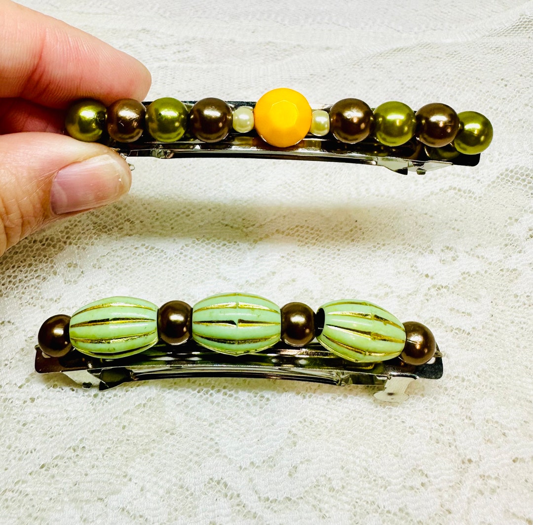 Green Bead French Barrette for Women - Silver French Barrettes - Beaded ...