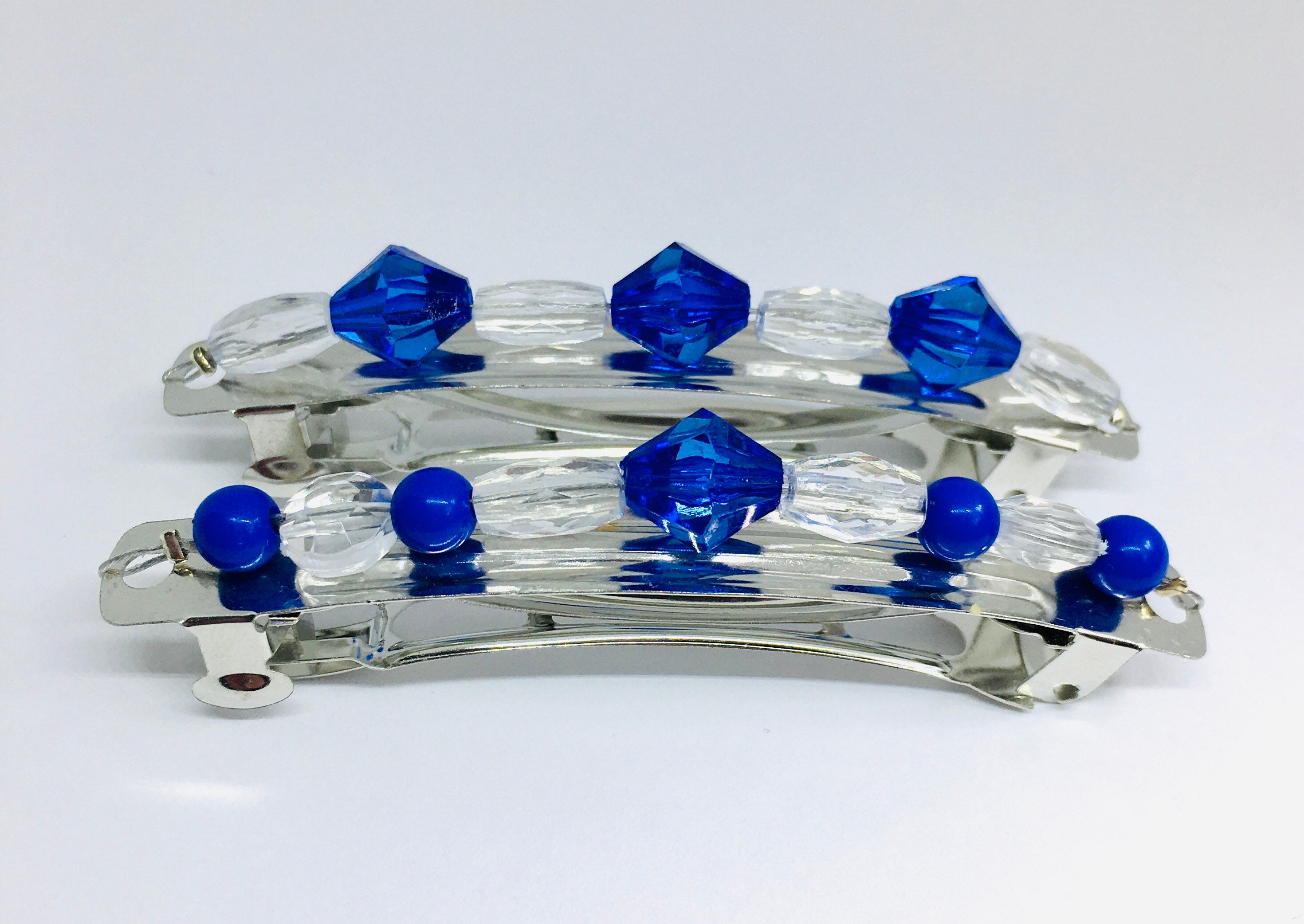 Women's Barrettes, Blue Beaded Barrettes, Silver and Blue Barrettes ...
