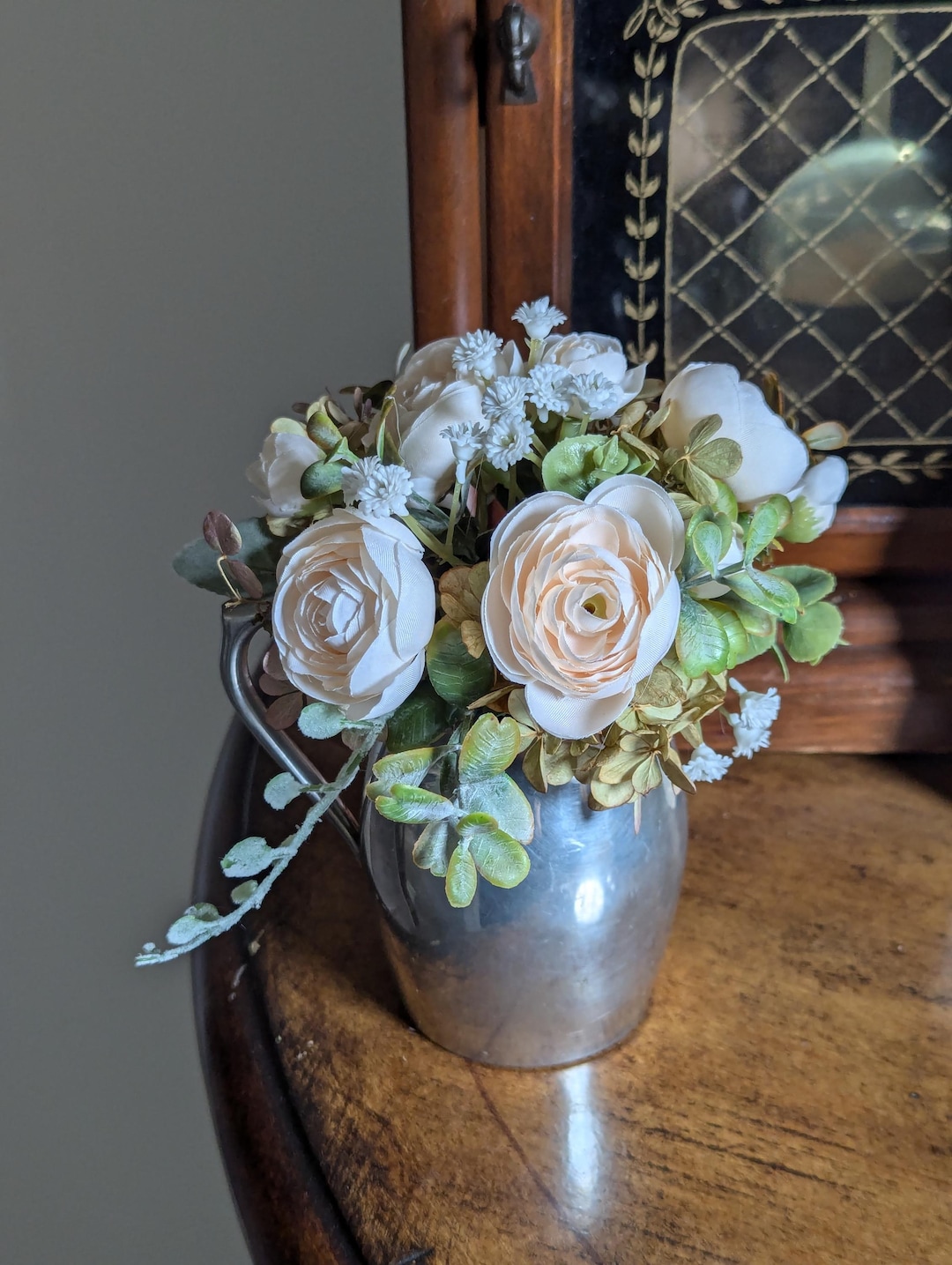 Vintage Silver Plate Small Pitcher With Florals. Faux Real Touch Roses ...