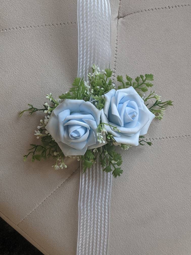 Wrist Corsage with Baby Blue rosesreal touch roses silk | Etsy