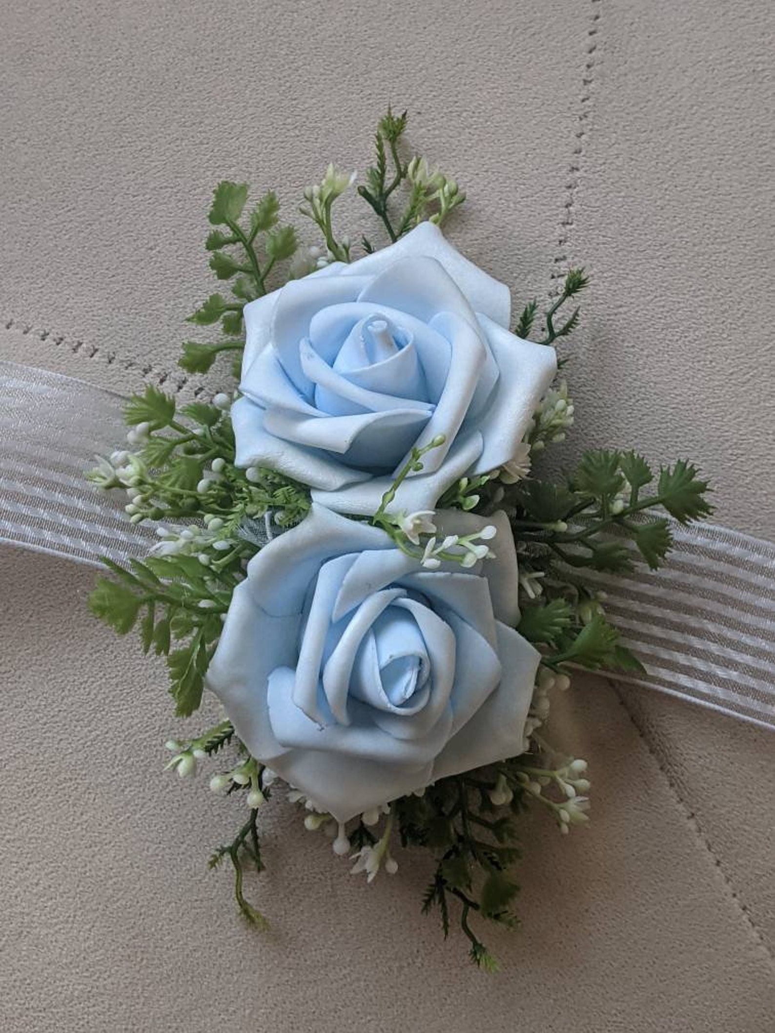 Wrist Corsage With Baby Blue Rosesreal Touch Roses Silk - Etsy