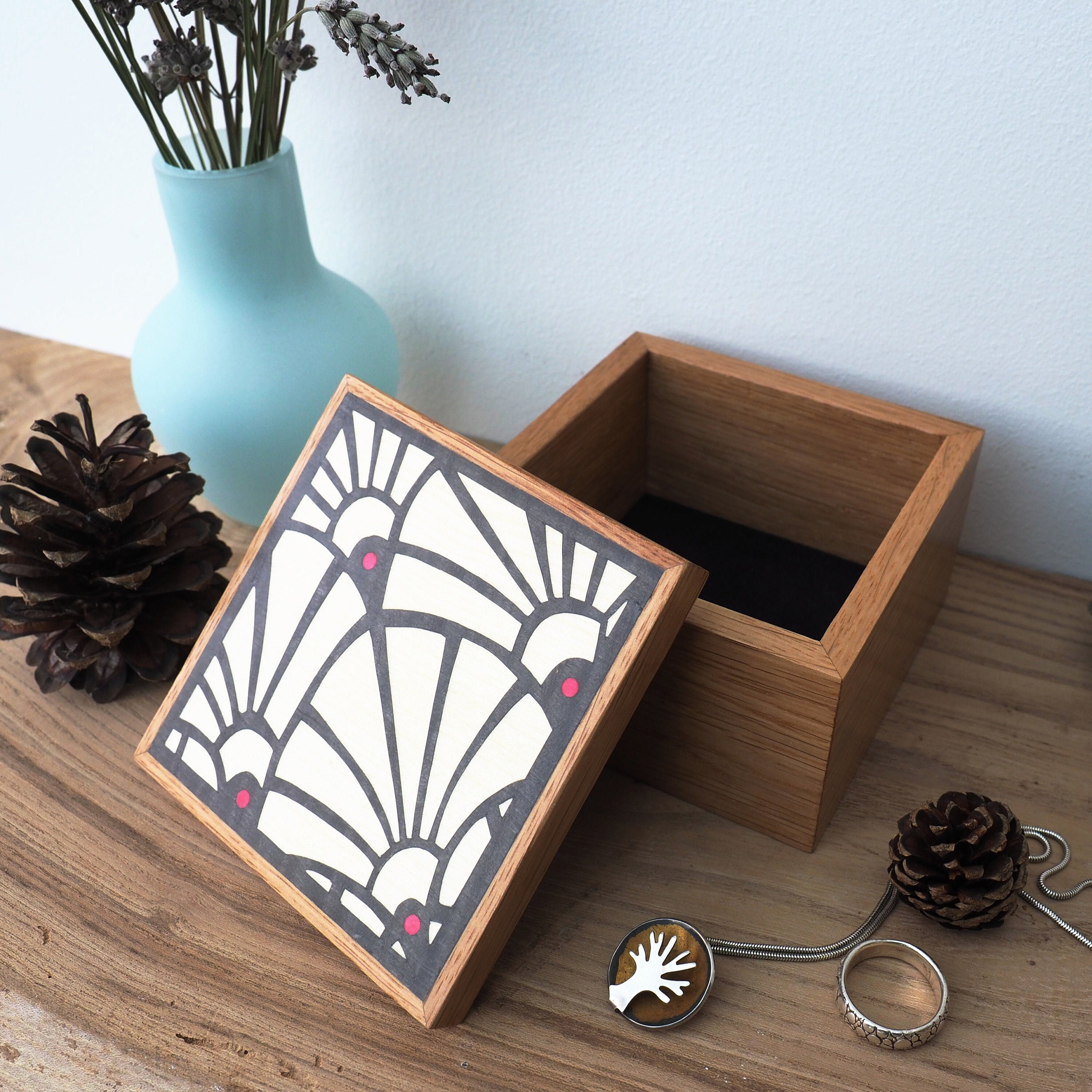 Small Wooden Trinket Box With Art Deco Style Design, Wooden Keepsake ...