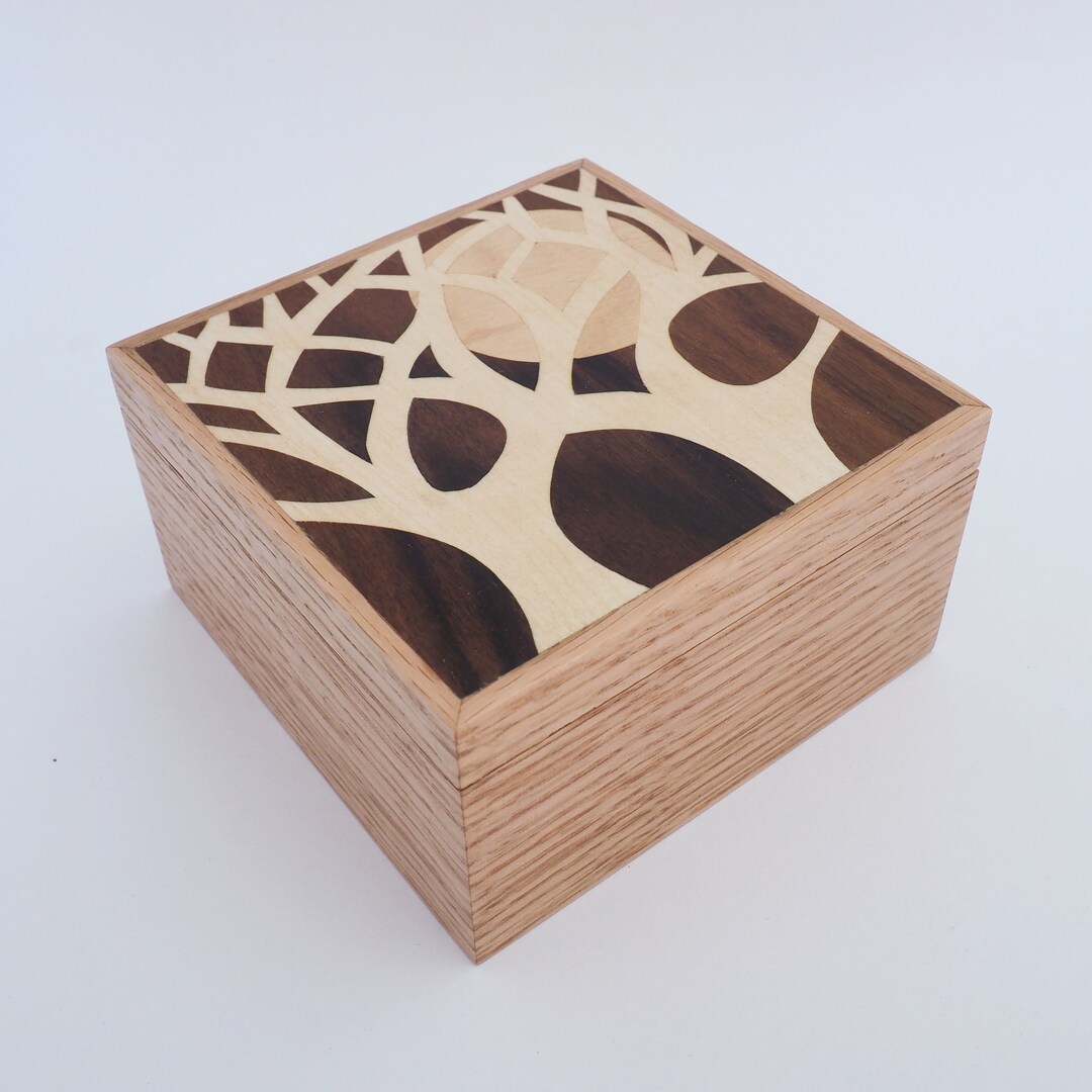 Wooden Trinket Box, Moon and Trees Marquetry Jewellery Box, Oak Watch ...