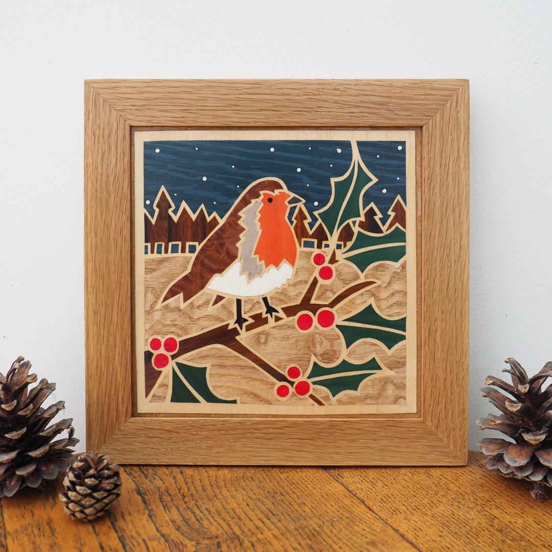 Christmas Robin, Marquetry Wall Art, Animal Artwork, Modern Wall Art ...