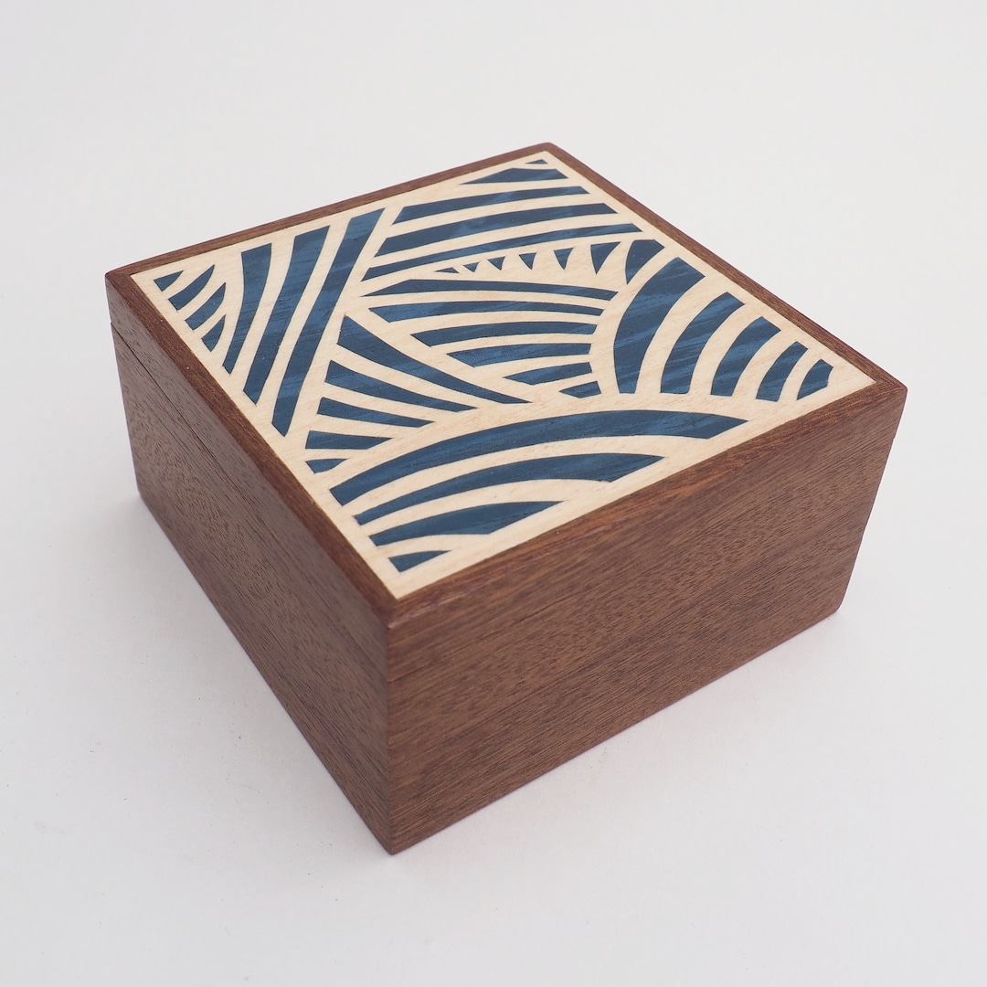 Small Wooden Trinket Box With Blue Japanese Style Pattern, Wooden ...