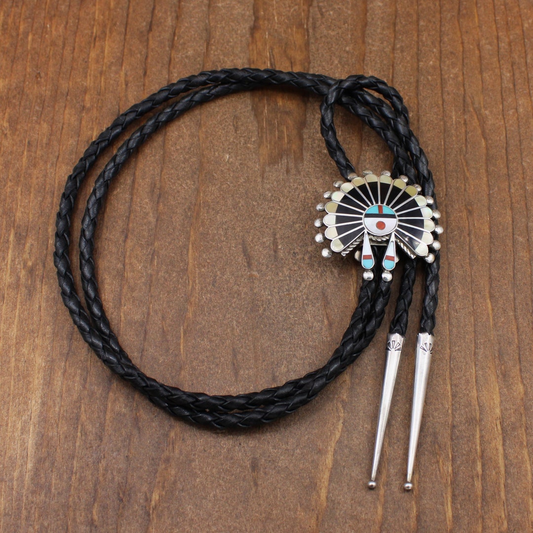 Zuni Sterling Silver Inlaid Sun Kachina Mask Bolo Tie by Adrian Wallace ...