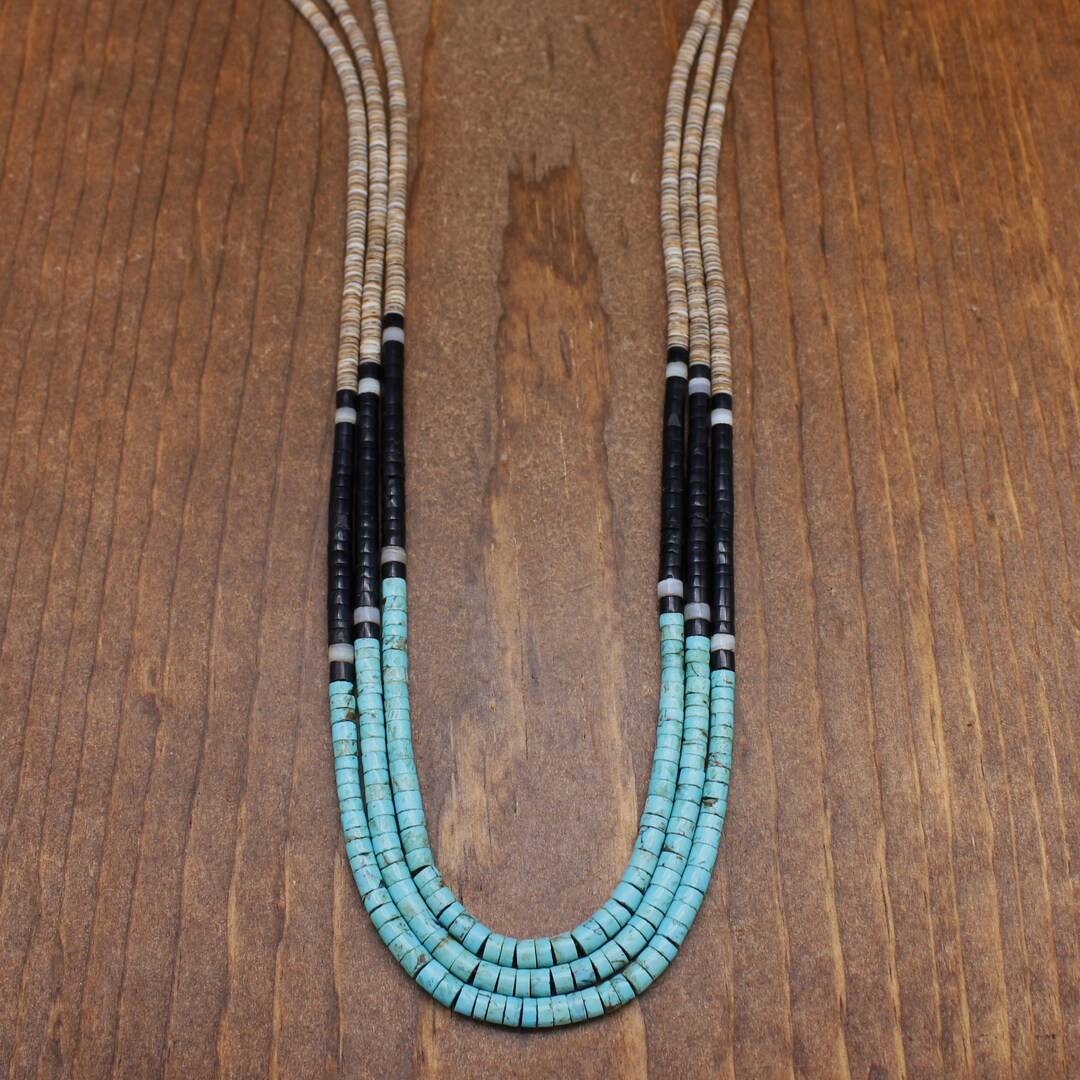 Southwestern Three Strand Turquoise Jet and Shell Necklace - Etsy