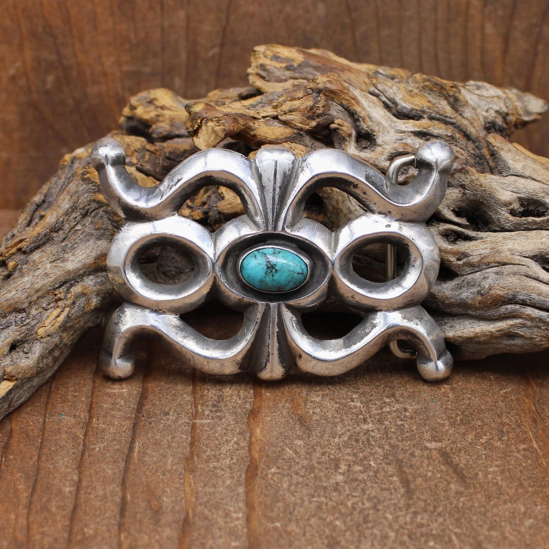 Navajo Sand Cast Sterling Silver and Turquoise Belt Buckle by Frances ...