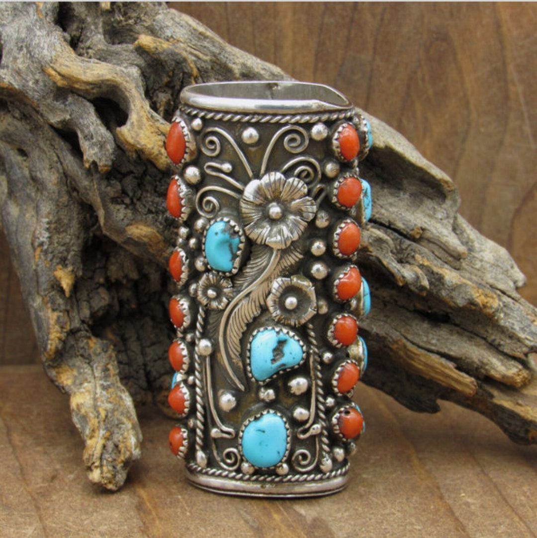 Vintage Sterling Silver Coral and Turquoise Elegant Lighter Case - Etsy